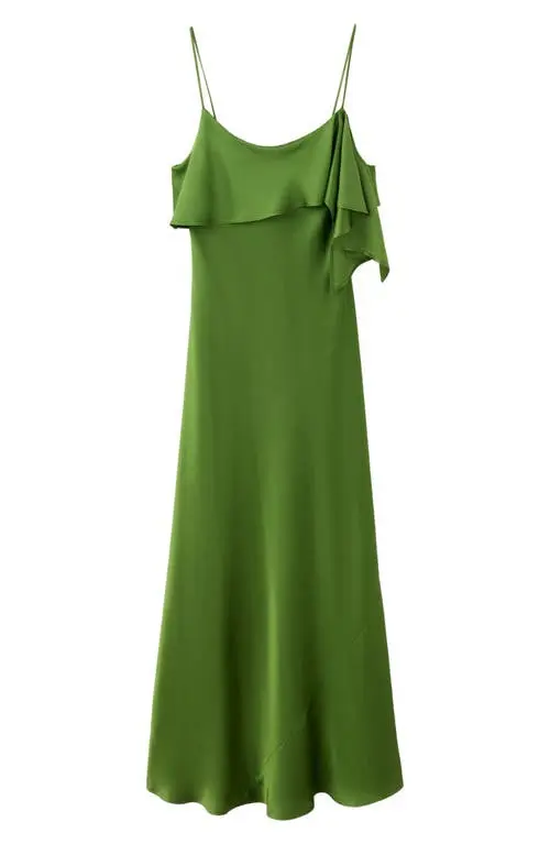 Mango Asymmetric Ruffle Satin Midi Slipdress