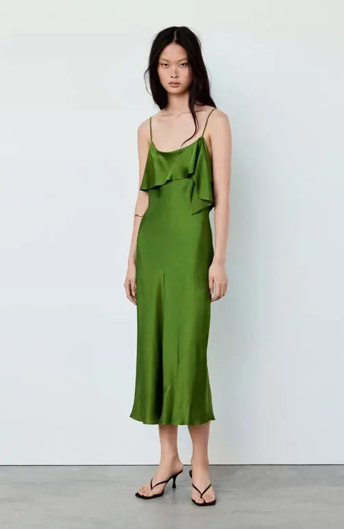 Mango Asymmetric Ruffle Satin Midi Slipdress