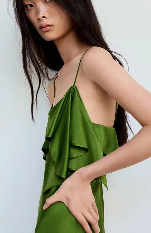 Mango Asymmetric Ruffle Satin Midi Slipdress