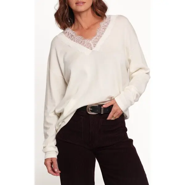 PETAL & PUP Brookes Lace V Neck Sweater - Ivory