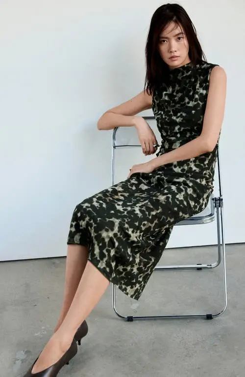 Mango Print Ruched Mesh Maxi Dress