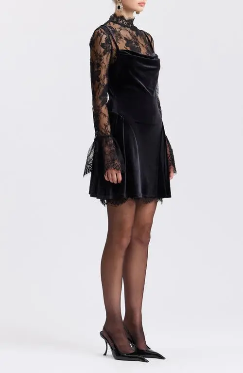Avec Les Filles Twofer Long Sleeve Lace & Velvet Dress