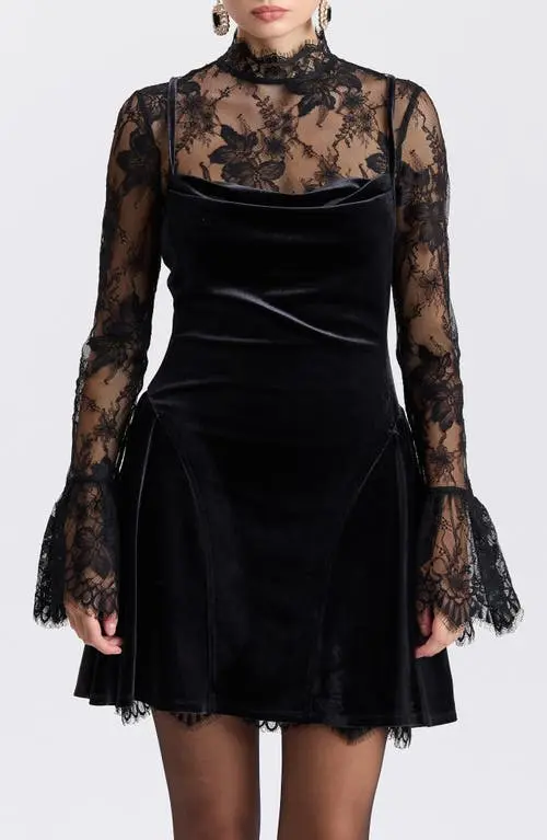 Avec Les Filles Twofer Long Sleeve Lace & Velvet Dress
