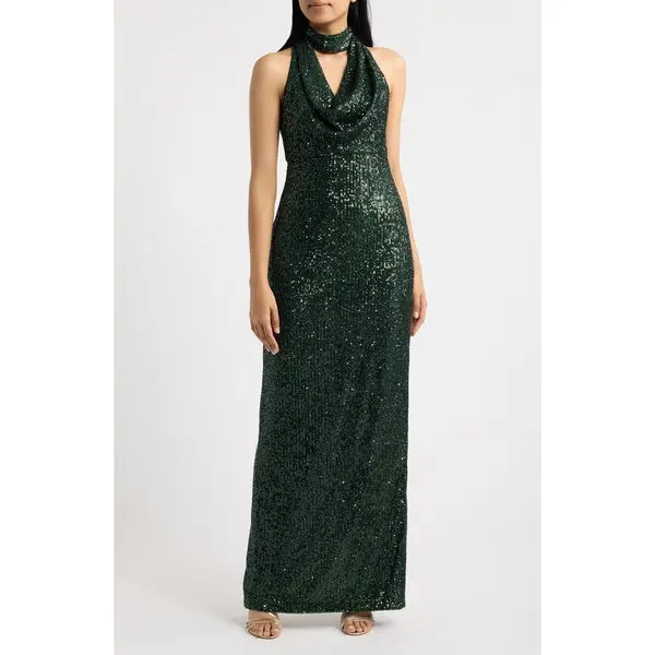 Eliza J Sequin Choker Cowl Neck Gown