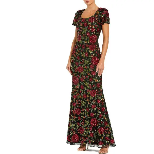 Mac Duggal Floral Sequin Scoop Neck Trumpet Gown - Black Multi