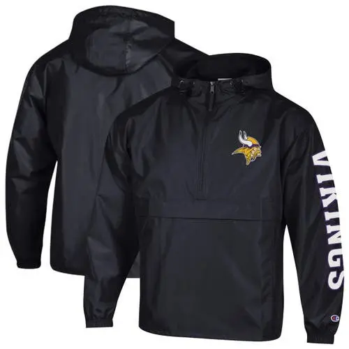Champion Minnesota Vikings Packable Hooded Windbreaker Half-zip Jacket - Black