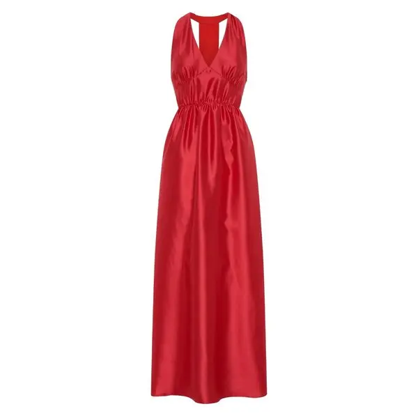 DEER YOU Odette Halter T-bar Back Full Length Silk Gown In Crimson - Red