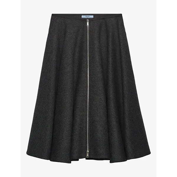 Prada Flared Zip-front Wool Midi Skirt - Grey