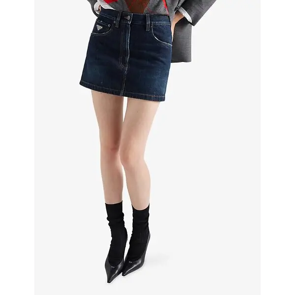 Prada Logo-plaque Flared Denim Mini Skirt