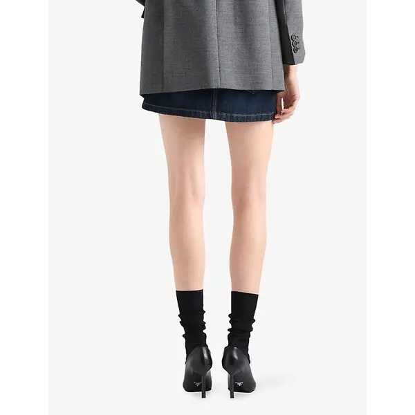 Prada Logo-plaque Flared Denim Mini Skirt