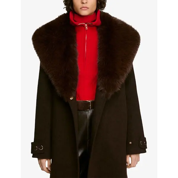 Sandro Belted Shearling-collar Wool And Alpaca-blend Coat