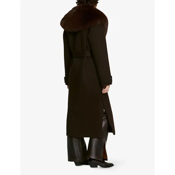 Sandro Belted Shearling-collar Wool And Alpaca-blend Coat