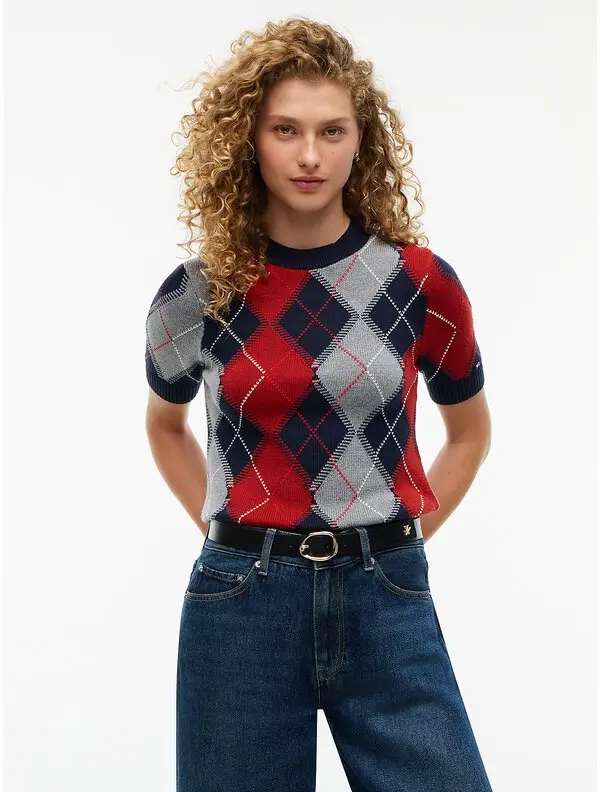 Tommy Hilfiger Short-sleeve Argyle Crewneck Sweater - Navy Argyle
