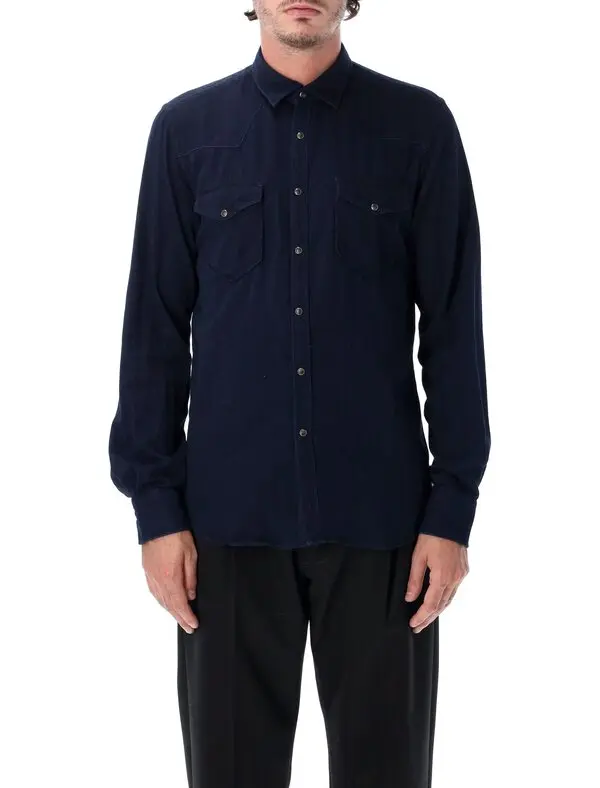 XACUS Tailored Denim Western Shirt With Snap Pockets - Blue