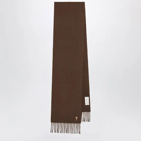 AMI Paris Wool Heart Motif Scarf - Brown