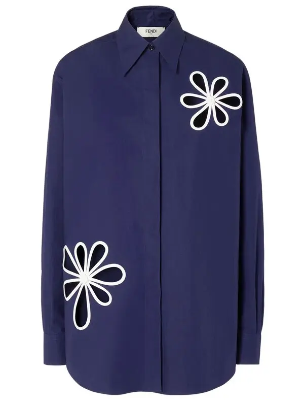 Fendi Cotton Shirt With Rounded Side Slits And Embroidered Logo Cuff - Blu