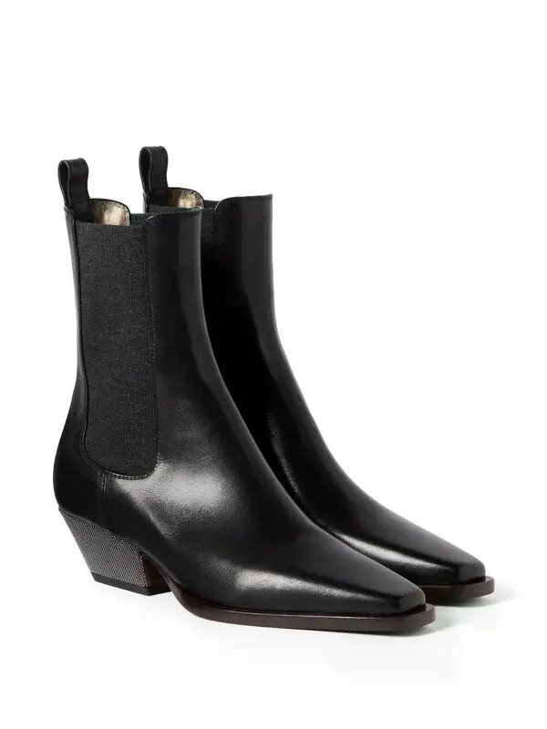 Brunello Cucinelli Embellished-heel Leather Ankle Boots - Black