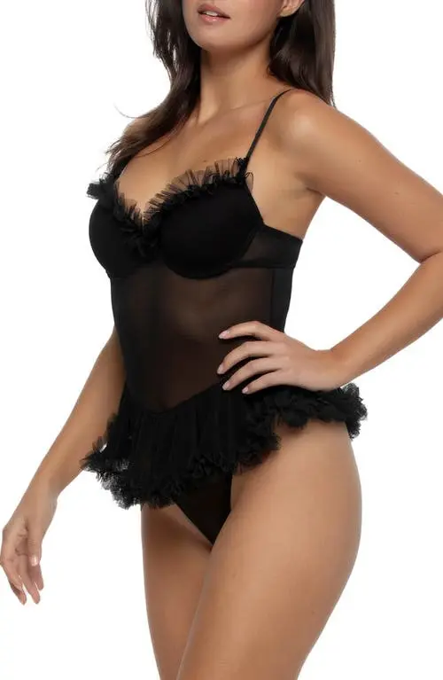 BLACK BOW Veil Ruffle Trim Underwire Teddy