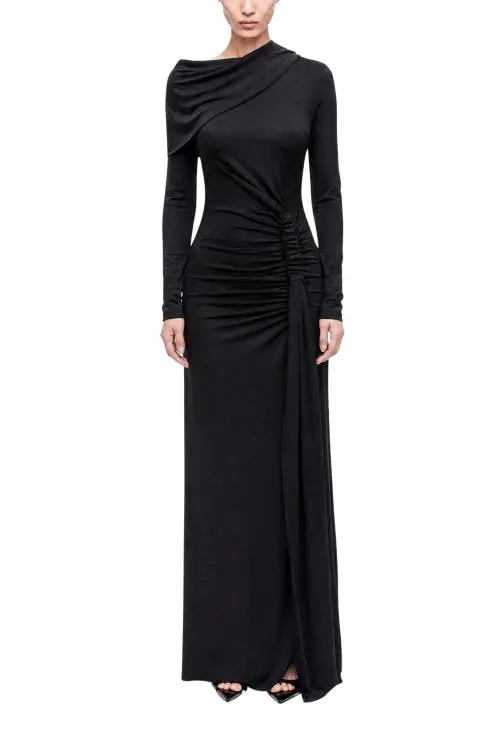 NOCTURNE Asymmetric Neck Draped Maxi Dress - Black