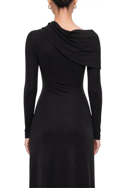 NOCTURNE Asymmetric Neck Draped Maxi Dress - Black