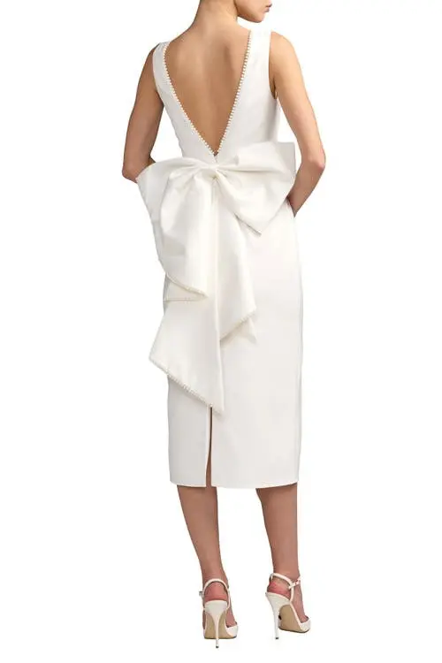 Mac Duggal Embellished Crepe Sleeveless Midi Dress With Bow