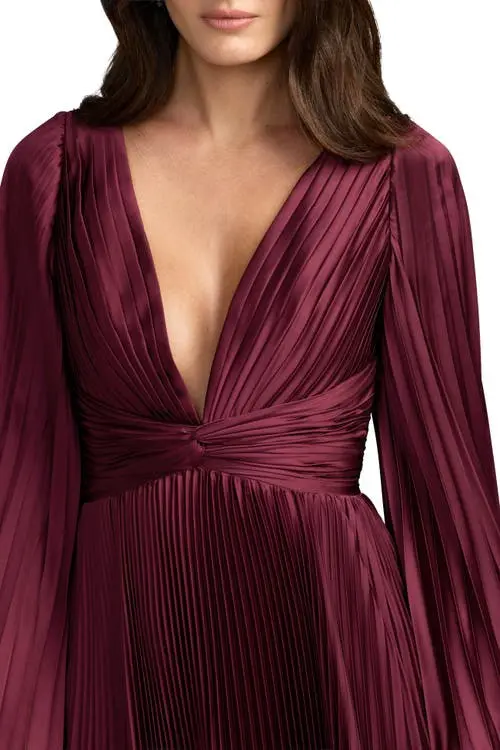 Mac Duggal Pleated Satin Long Sleeve Gown