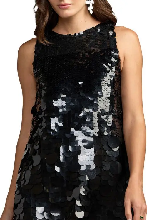 Mac Duggal Sleeveless Disc Sequin Trapeze Mini Dress