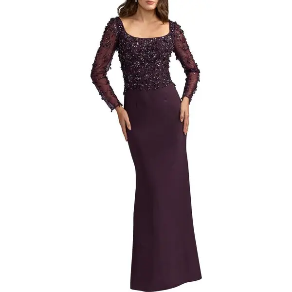 Mac Duggal Embellished Mesh Long Sleeve Column Gown - Amethyst