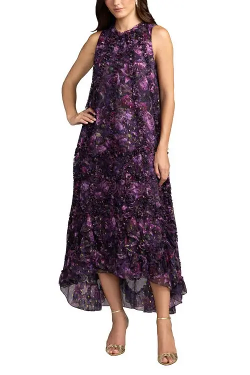 Mac Duggal Petite Sleeveless Floral Print Chiffon Micro Ruffle Gown - Purple Multi