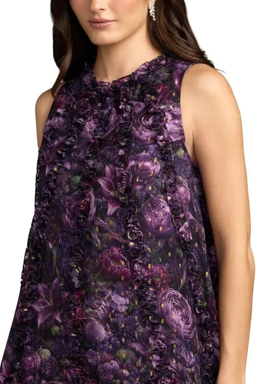 Mac Duggal Petite Sleeveless Floral Print Chiffon Micro Ruffle Gown