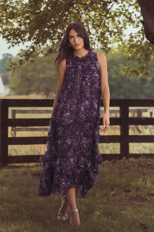 Mac Duggal Petite Sleeveless Floral Print Chiffon Micro Ruffle Gown
