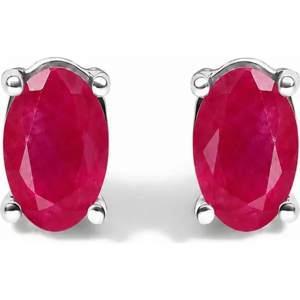 HAUS OF BRILLIANCE Sterling Silver 5x3mm Natural Oval Gemstone Solitaire Stud Earrings - Red Ruby