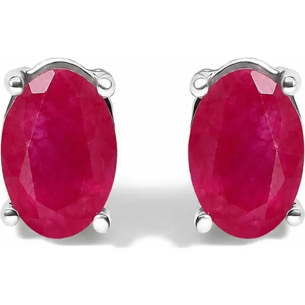 HAUS OF BRILLIANCE Sterling Silver 6x4mm Natural Oval Gemstone Solitaire Stud Earrings - Red Ruby