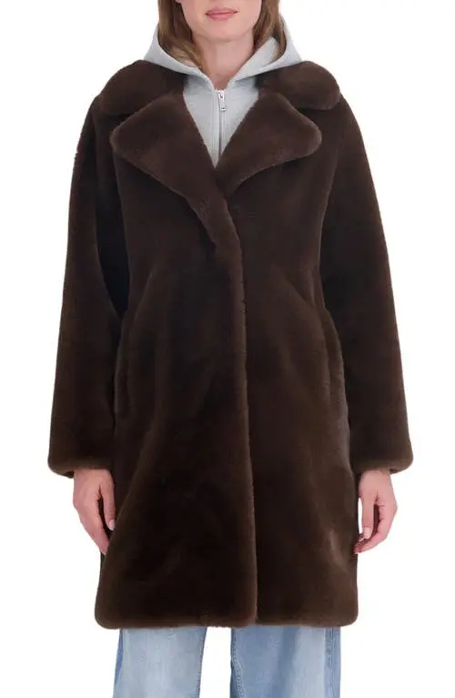 SEBBY COLLECTION GOLD LABEL Faux Fur Coat With Removable Hooded Bib - Brown