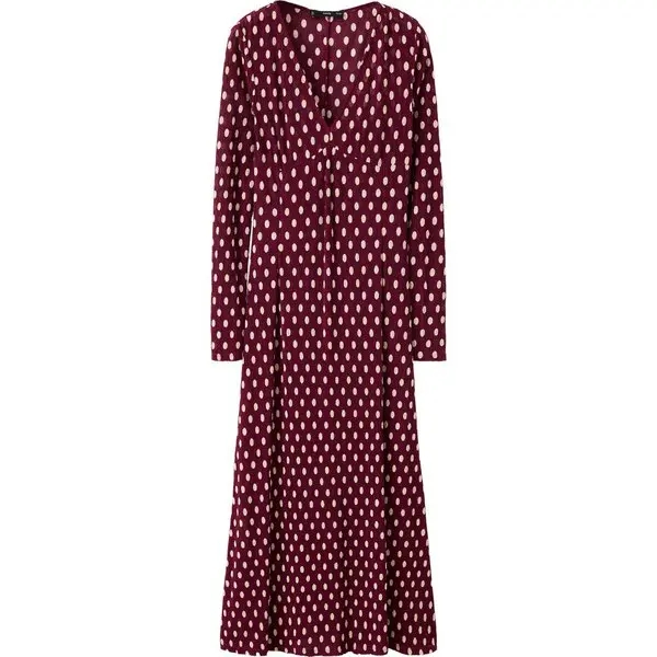 Mango Dot Long Sleeve Midi Dress - Maroon