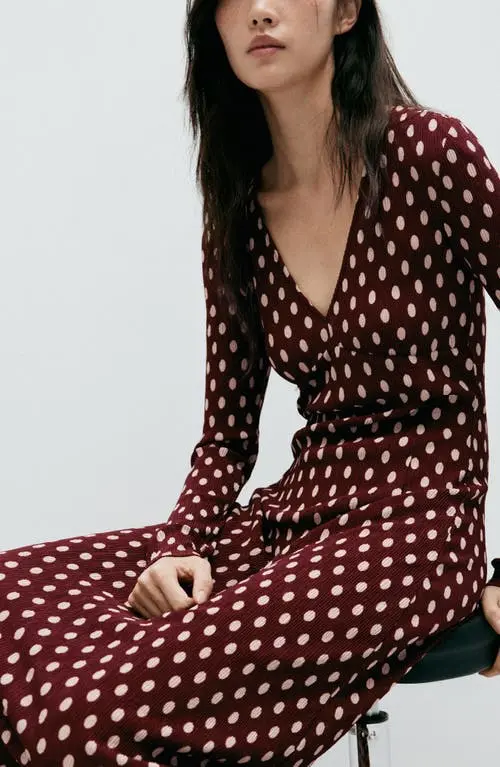Mango Dot Long Sleeve Midi Dress