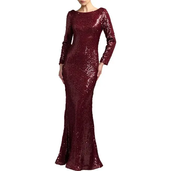 Mac Duggal High Neck Long Sleeve Cowl Back Sequin Gown