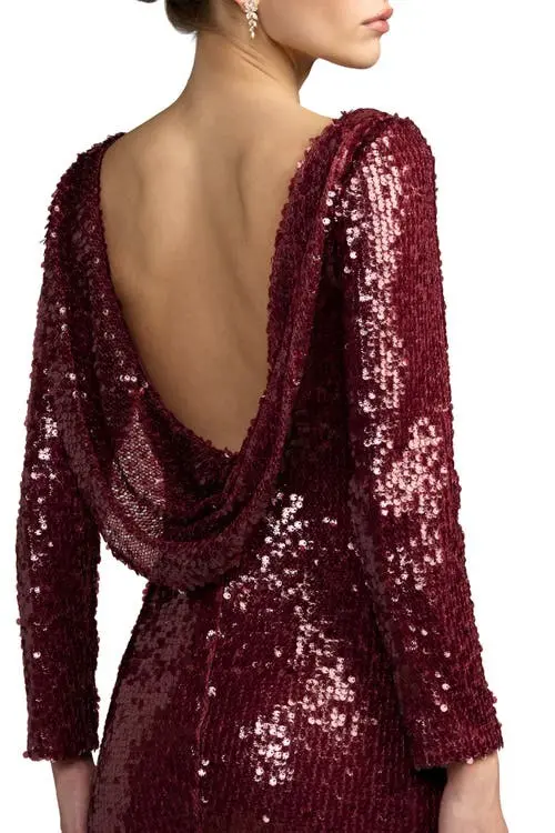 Mac Duggal High Neck Long Sleeve Cowl Back Sequin Gown