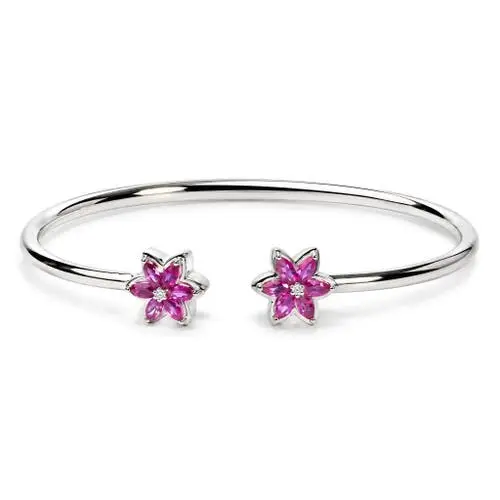 HAUS OF BRILLIANCE 925 Sterling Ruby With Diamond Accent Floral Flexy Open Bangle Bracelet - Silver