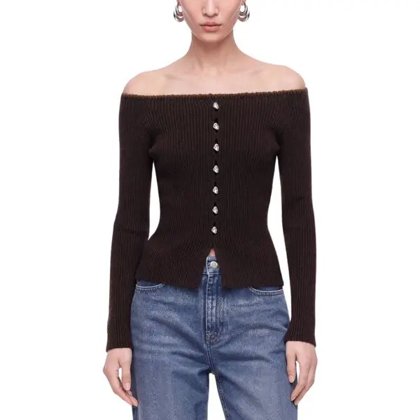 NOCTURNE Off Shoulder Ribbed Knit Cardigan