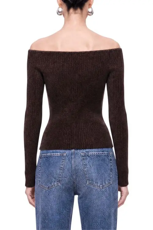 NOCTURNE Off Shoulder Ribbed Knit Cardigan