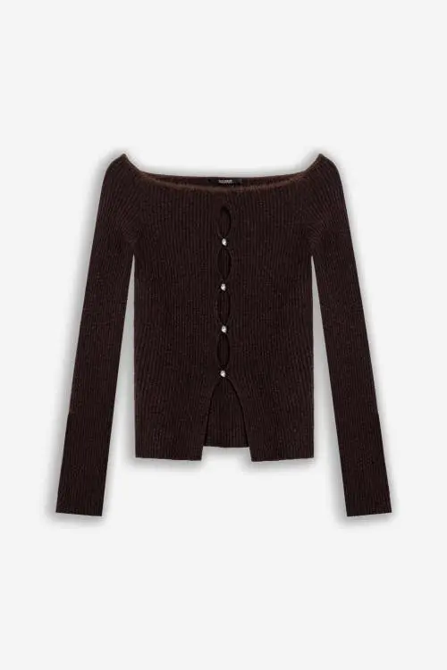 NOCTURNE Off Shoulder Ribbed Knit Cardigan