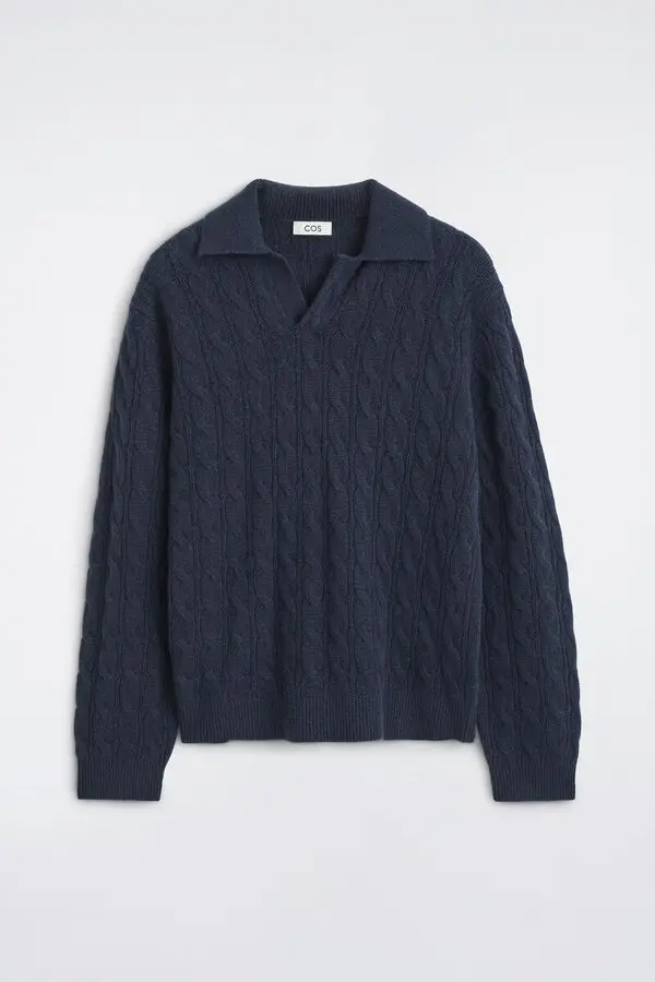 Cos Cable-knit Pure Cashmere Polo Sweater - Navy