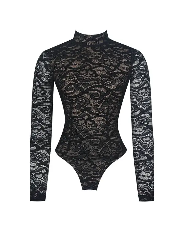 MISS CIRCLE NEW YORK Quenisa Chenille Lace Long Sleeve Bodysuit - Black