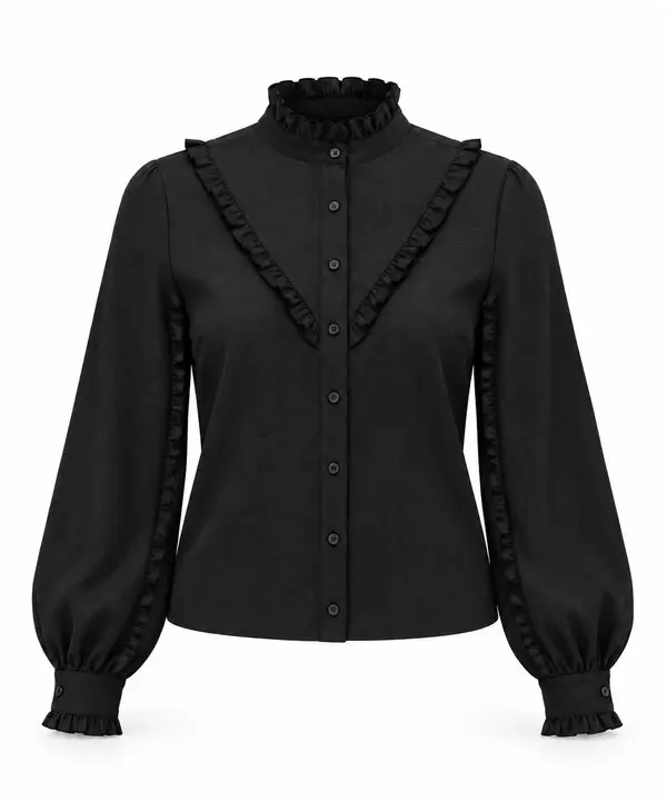 CARLOSLINES Ruffle Stand Collar Long Sleeve Striped Satin Jacquard Shirt In Solid