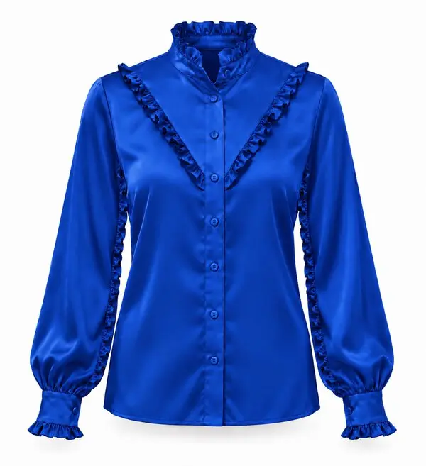 CARLOSLINES Ruffle Stand Collar Long Sleeve Shirt In Cobalt Solid - Blue