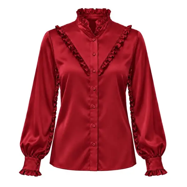 CARLOSLINES Ruffle Stand Collar Long Sleeve Shirt In Burgundy Solid - Red