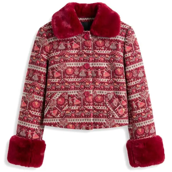 LOUCHE Kent Heirloom Jacquard Fur Trim Cropped Jacket Wine