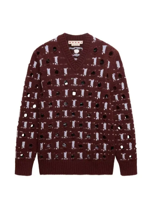 Marni Brown Wool And Cashmere Sweater With Openwork Polka Dots - Red