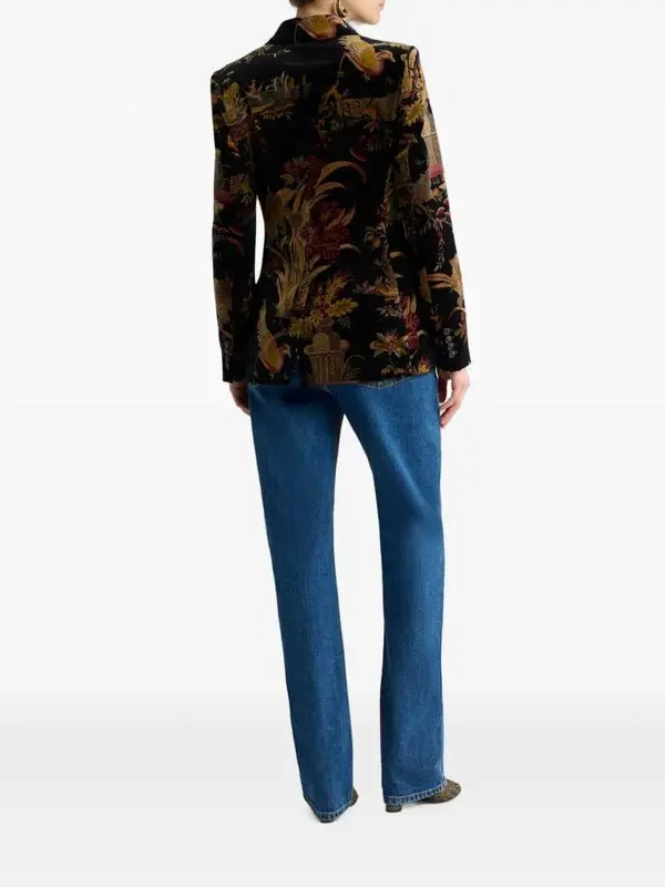 Etro Double-breasted Cotton Velvet Jacket With Floral And Animal Print - Black